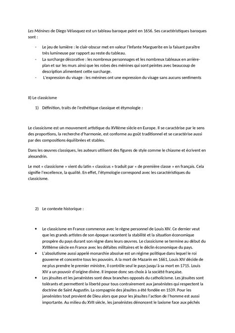 Baroque Et Classicisme Notes Français Docsity