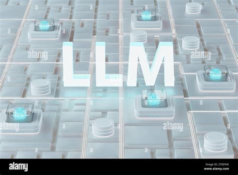 Large Language Model LLM concept. Rendering of a 3d text with neural network infrastructure in a ...