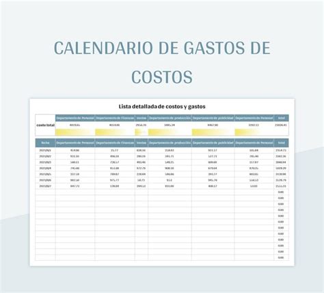 Plantilla De Excel Calendario De Gastos De Costos Y Hoja De Cálculo De