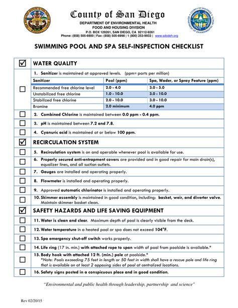 County Of San Diego California Swimming Pool And Spa Self Inspection