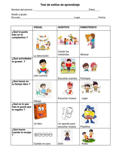 Test De Estilos De Aprendizaje Para Niños Pdf Hogar Jardinería Y Bricolaje Relaciones