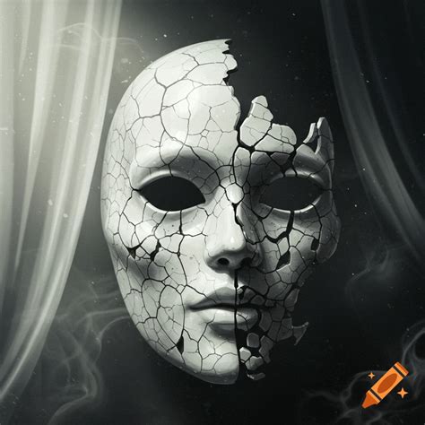 A White Cracked Mask Half Broken And Fractured Against A Dark Smoky