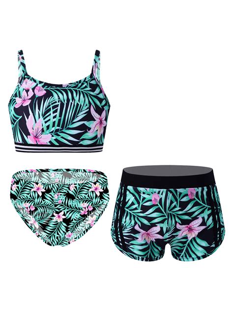 Yizyif Girls 3pcs Tankini Swimsuit Set Spaghetti Shoulder Straps Crop