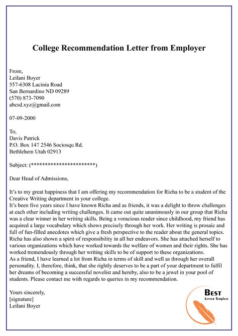 Sample Recommendation Letter For College Admission