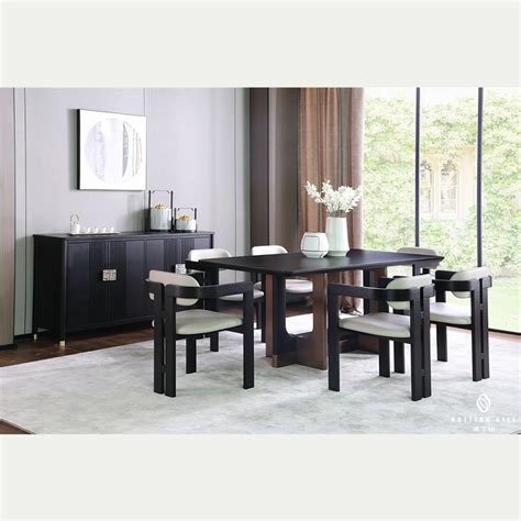 China Solid Wood Rectangular Dining Table Set With Sintered Stone Top And Metal Manufacturer And