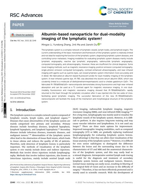 Pdf Albumin Based Nanoparticle For Dual Modality Imaging Of The Lymphatic System