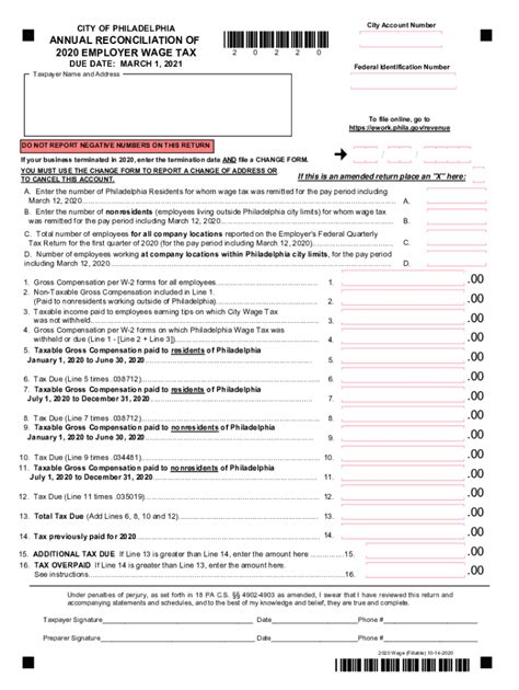 Pa Annual Reconciliation Of Employer Wage Tax City Of Philadelphia