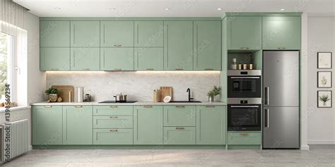 Minimal Green Kitchen Interior Design Featuring Sleek Furnishings And