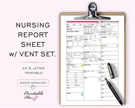 Icu Nurse Report Sheet With Vent Settings Patient Assessment A4 Letter Pdf Etsy