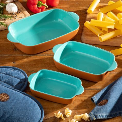 Terracotta And Teal Rectangular Stoneware Baking Dishes Set Of 3