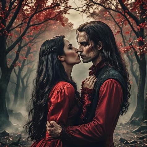 Female Vampire With Long Black Hair And Red Dress Kissing A Long Haired