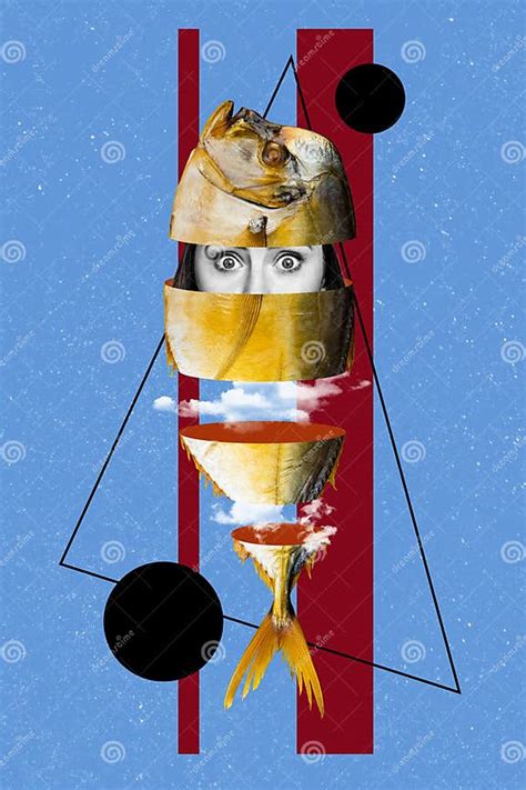 Ilustração De Colagem Criativa Vertical Mulher Estranha Escondida Dentro De Peixes Predadores