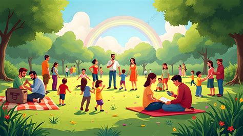 Lively Community Gathering In A Park With Picnics And Games Background