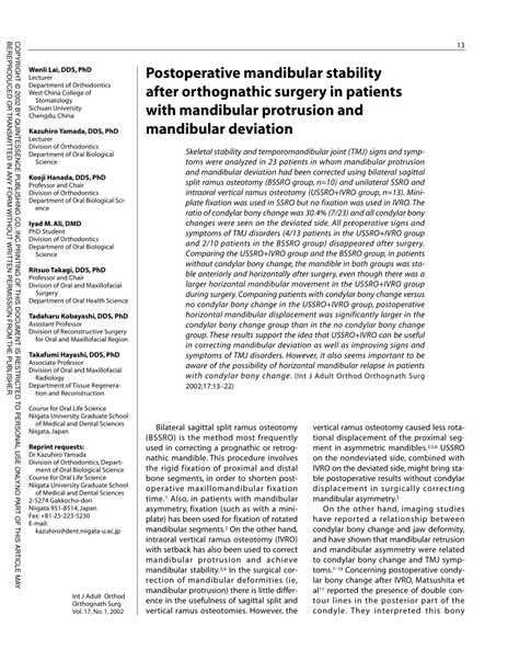 Pdf Postoperative Mandibular Stability After Orthognathic Surgery In