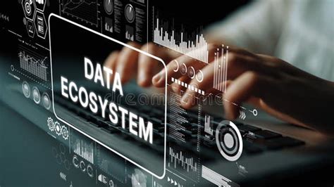 Hands Typing On Keyboard With Digital Data Ecosystem Graphics Displayed
