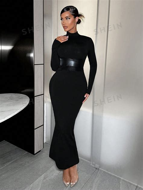 Shein Sxy Womens Sexy High Neck Slim Fit Dress With Pu Splice On Waist