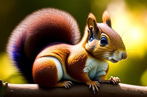 Premium Ai Image Cute Fluffy Squirrel Sits On A Branch Closeup