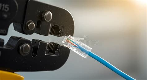 Close Up Of Rj45 Crimping Tool And Ethernet Cable Connector During