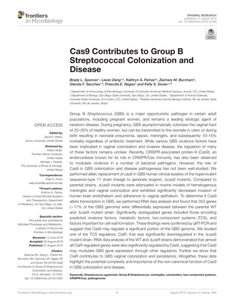 Pdf Cas9 Contributes To Group B Streptococcal Colonization And Disease