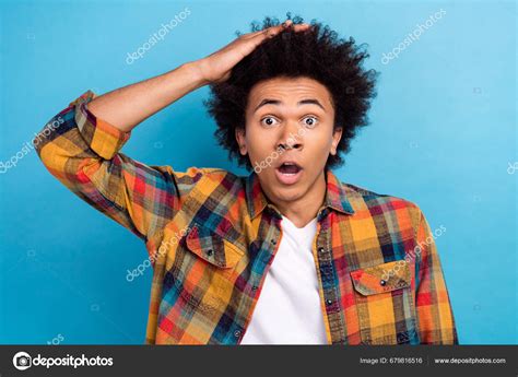 Photo Funky Impressed Guy Dressed Checkered Shirt Open Mouth Arm