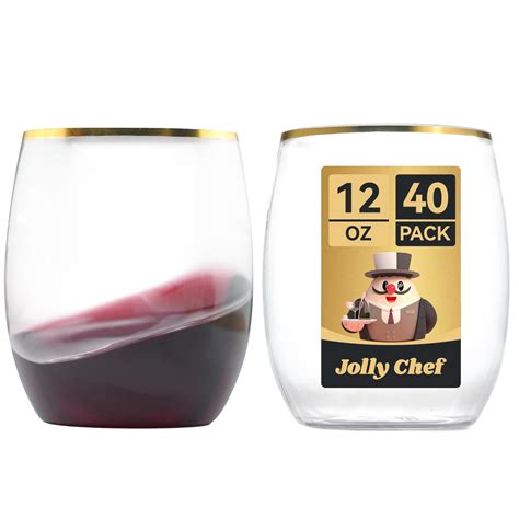 Jolly Chef 40 Pack Gold Rim Plastic Wine Glasses Stemless Disposable 12 Oz Shatterproof Plastic