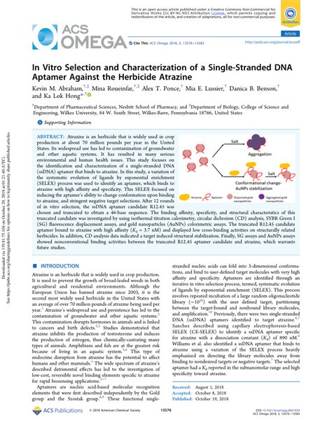 Pdf In Vitro Selection And Characterization Of A Single Stranded Dna