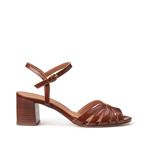 Leather Block Heel Sandals Brown La Redoute Collections La Redoute