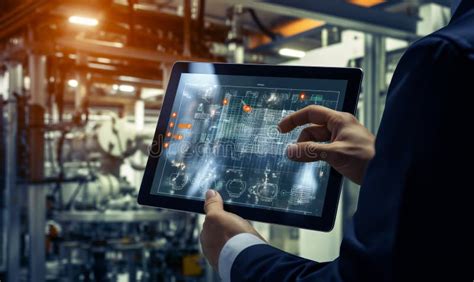 engineer hand using tablet with machine real time monitoring system