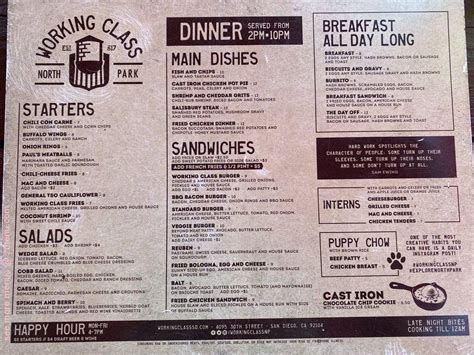 Menu At Working Class Pub And Bar San Diego