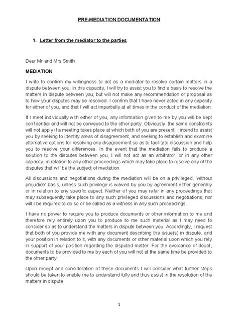Pre Mediation Documentation Pre Mediation Documentation 1 Letter