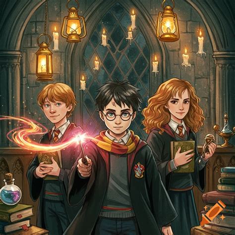 Harry Potter Hermione Ron And Dobby Stand In Front Of Hogwarts