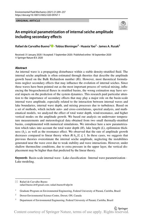An Empirical Parametrization Of Internal Seiche Amplitude Including