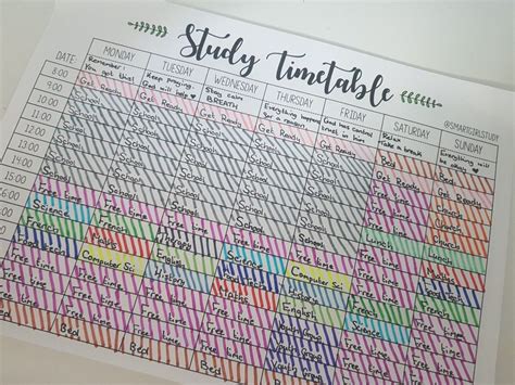 A Poster With The Words Study Timetable Written In Different Colors And