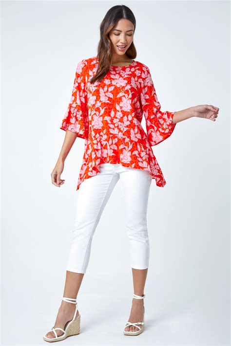 Orange Floral Print Frill Detail Peplum Top Roman Uk