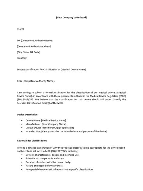 Justification Letter For Classification Of Mds Pdf Medical Device