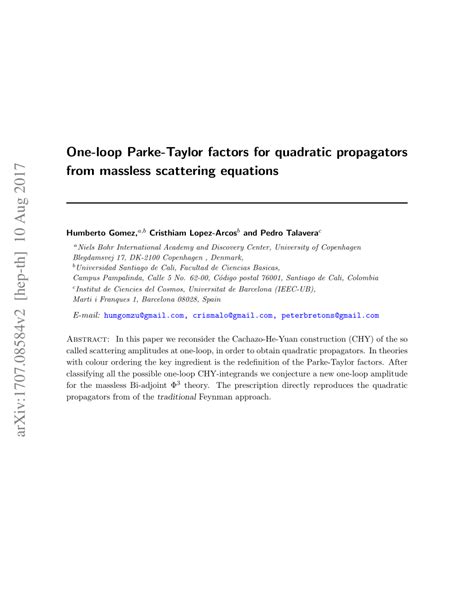 Pdf One Loop Parke Taylor Factors For Quadratic Propagators From