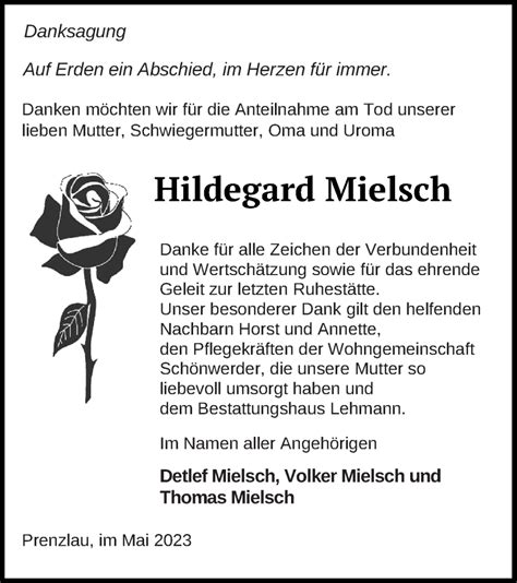 Traueranzeigen Von Hildegard Mielsch Trauer Nordkurier