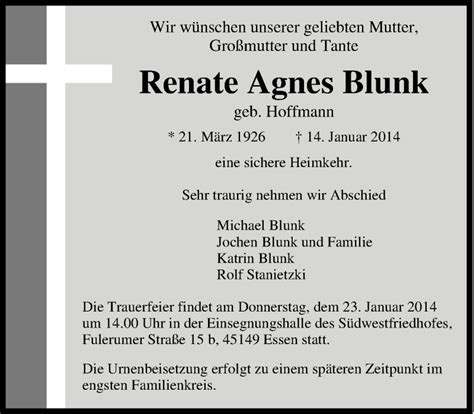 Traueranzeigen Von Renate Agnes Blunk Trauer In Nrw De