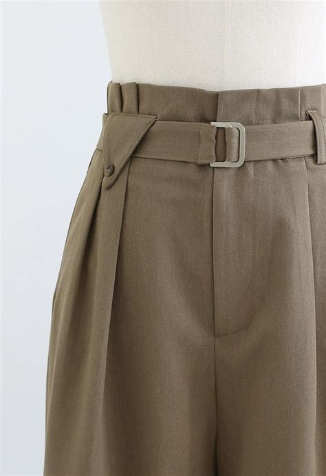 Side Pockets Belted Straight Leg Pants In Khaki Chic Belted Straight