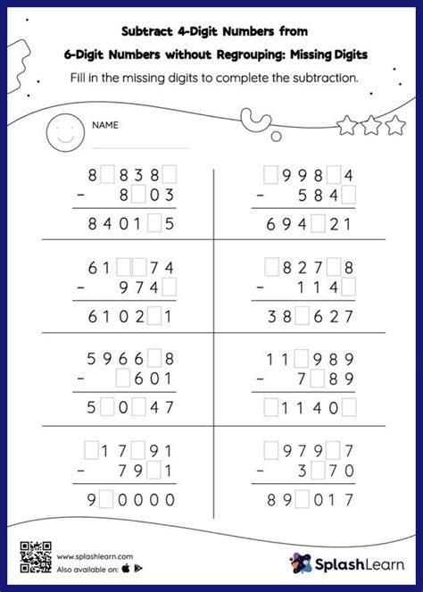 Subtract 4 Digit Numbers From 6 Digit Numbers Without Regrouping