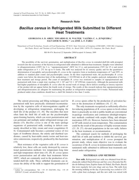 Pdf Bacillus Cereus In Refrigerated Milk Submitted To Different Heat