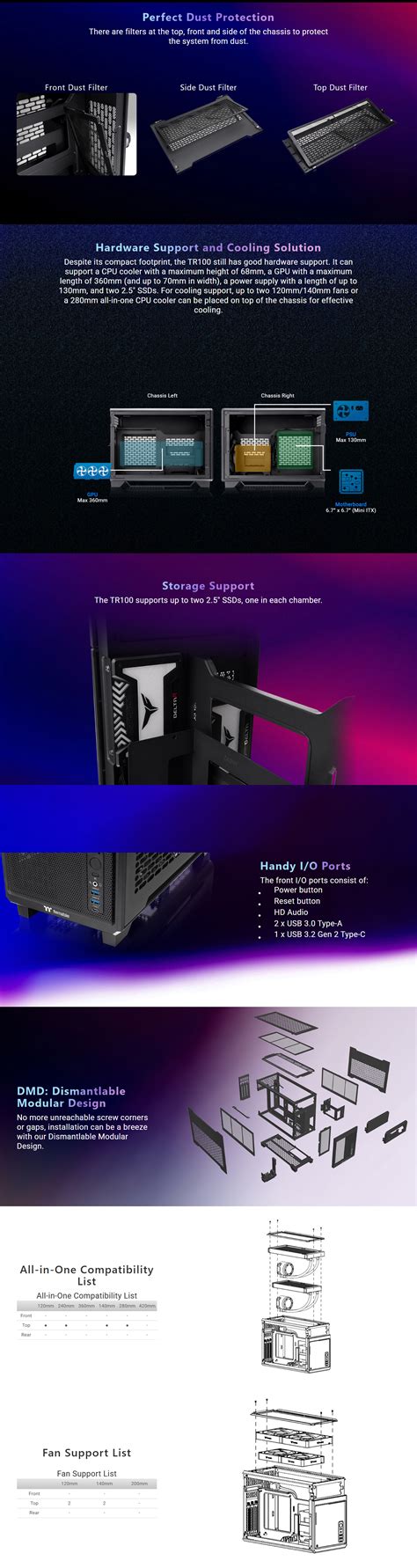 Thermaltake Tr100 Mini Tower Compact Dual Chamber Mini Itx Case Black