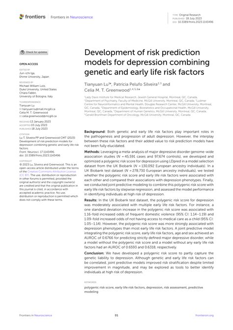 Pdf Development Of Risk Prediction Models For Depression Combining Genetic And Early Life Risk
