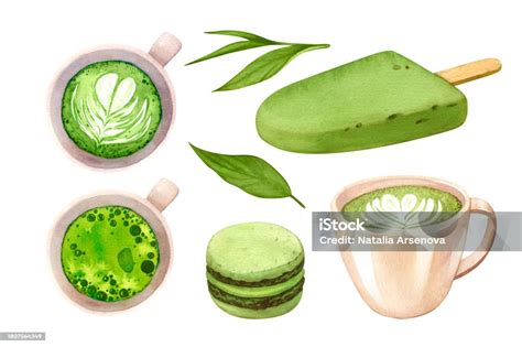 수채화 사실적인 만화 뜨거운 향기 일본 차 말차 라떼 아이스크림 마카롱 그린 드링크 세트의 컵 흰색 배경에 고립되어 있습니다 웹 디자인 메뉴 앱 광고를 위한 손으로 그린