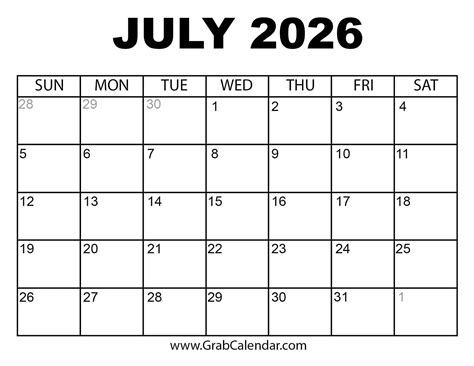 Printable July Calendar 2026 Free Printable Calendar 2026 Pdf