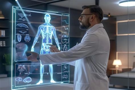 Futuristic medical office with a doctor analyzing a 3D holographic display of human anatomy ...