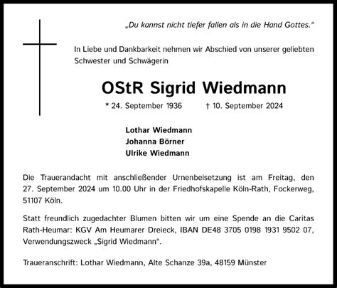 Traueranzeigen Von Sigrid Wiedmann Wirtrauern