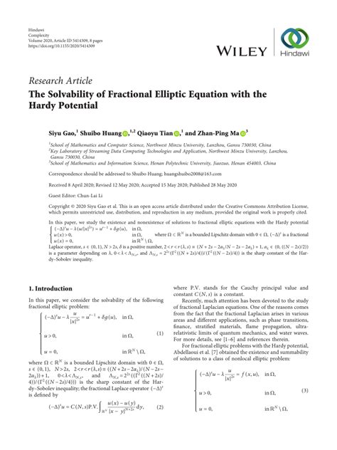 Pdf The Solvability Of Fractional Elliptic Equation With The Hardy Potential