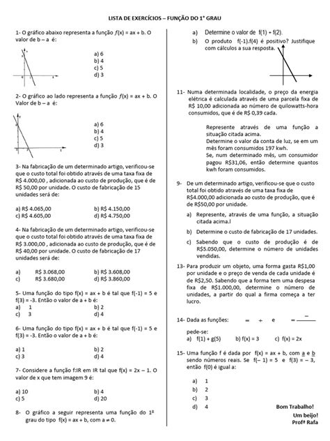 Exercícios Sobre Função Do 1° Grau Pdf Despesa Função Matemática