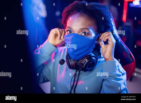 Streamer Gamer African American Young Girl In Protective Mask